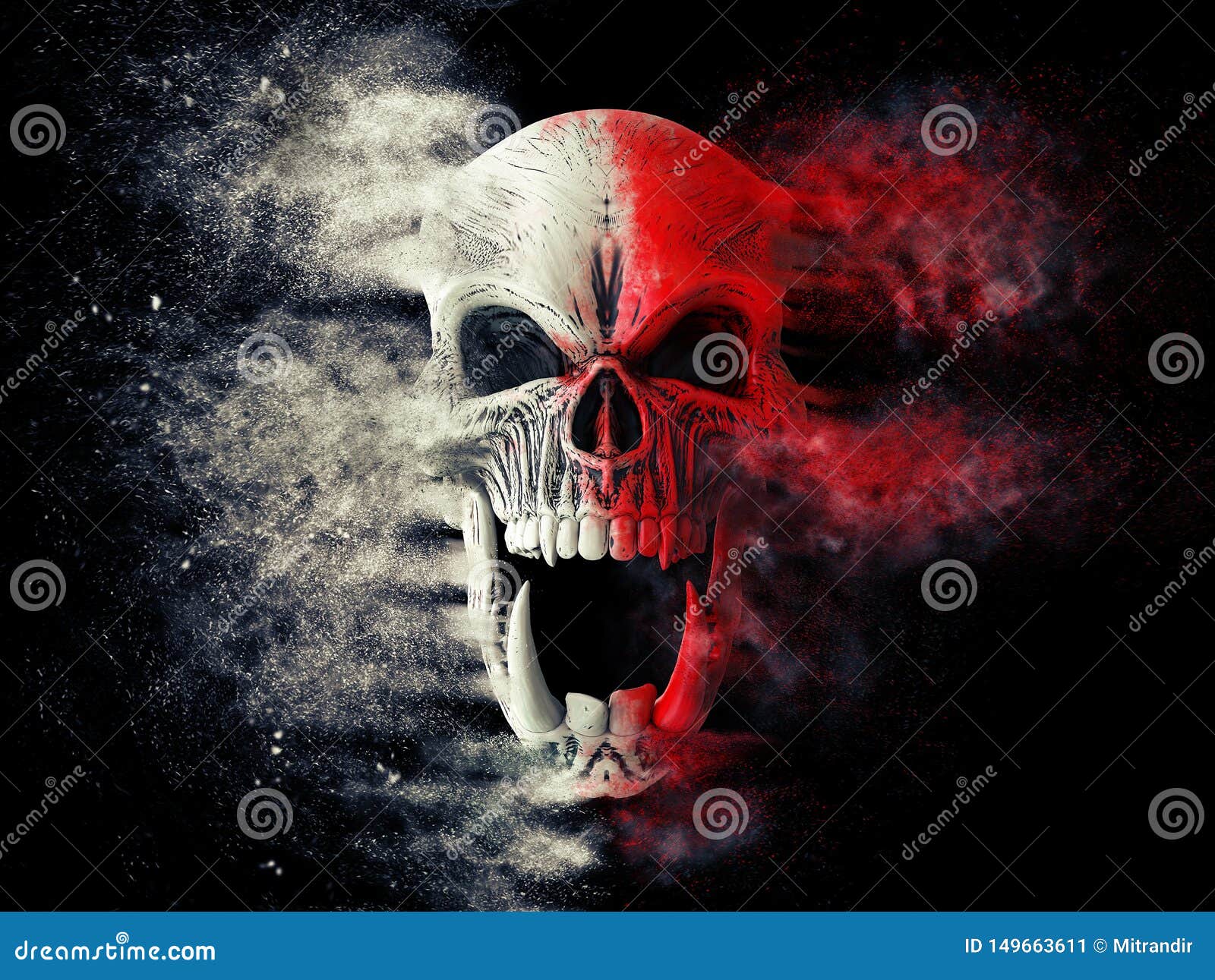 Red and White Screaming Demon Skull Disintegrating into Dust Stock ...