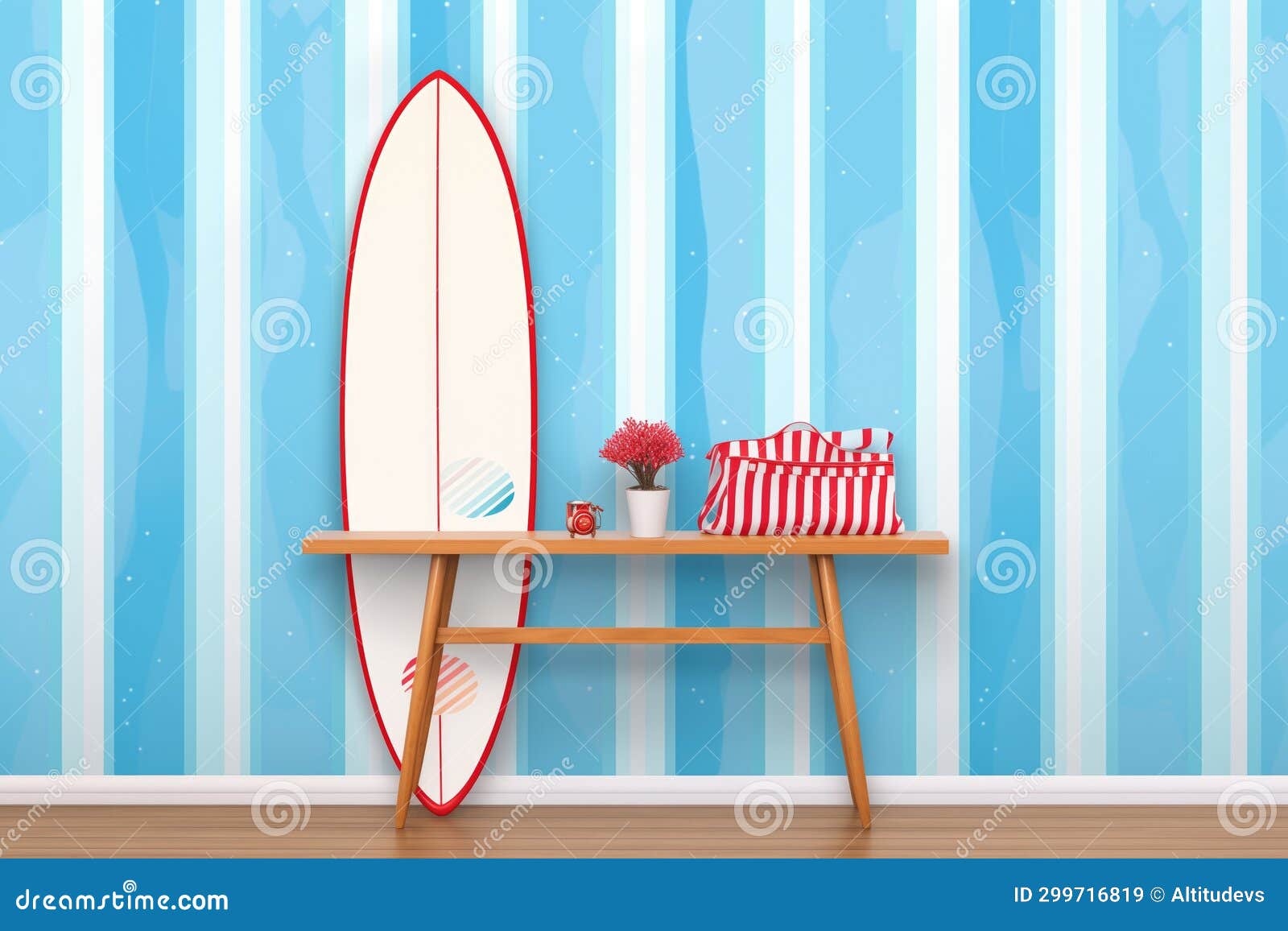 Red and White Shortboard in Front of Pastel Blue Wall Stock Image ...