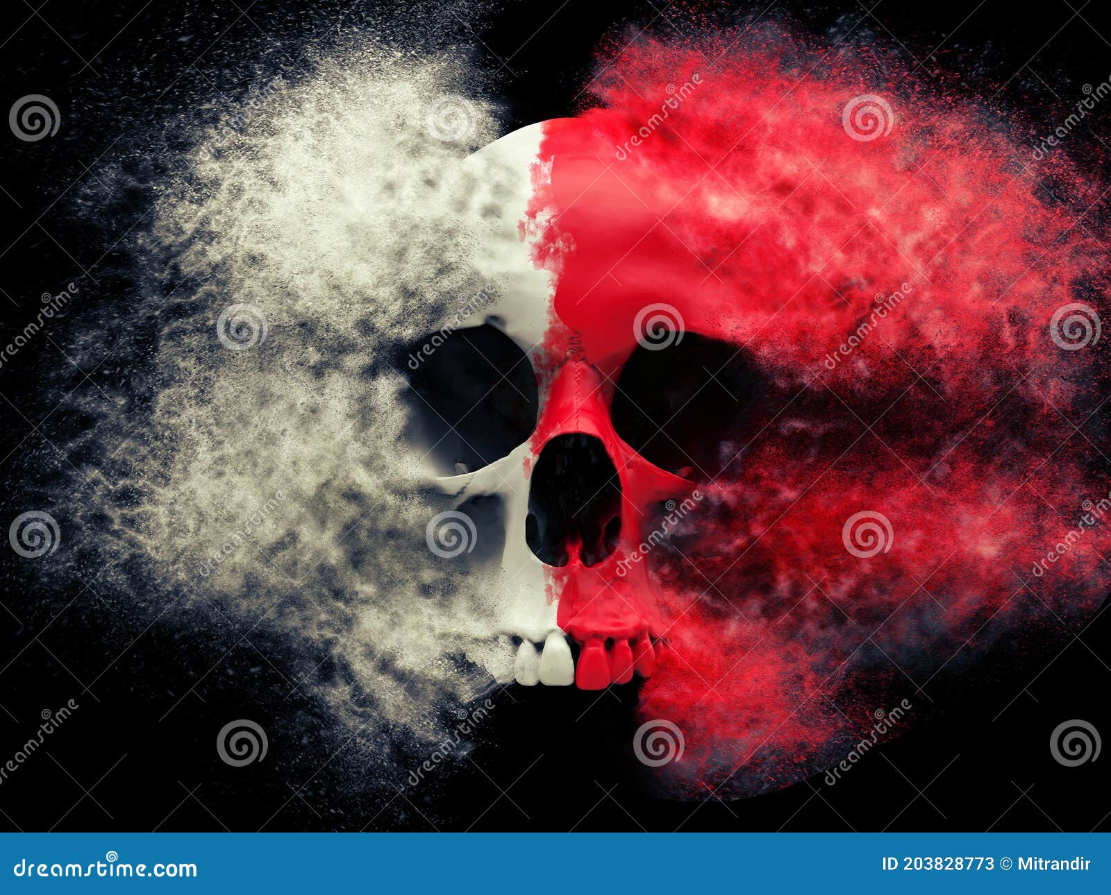 Red and White Skull Exploding into Tiny Particles Stock Illustration ...