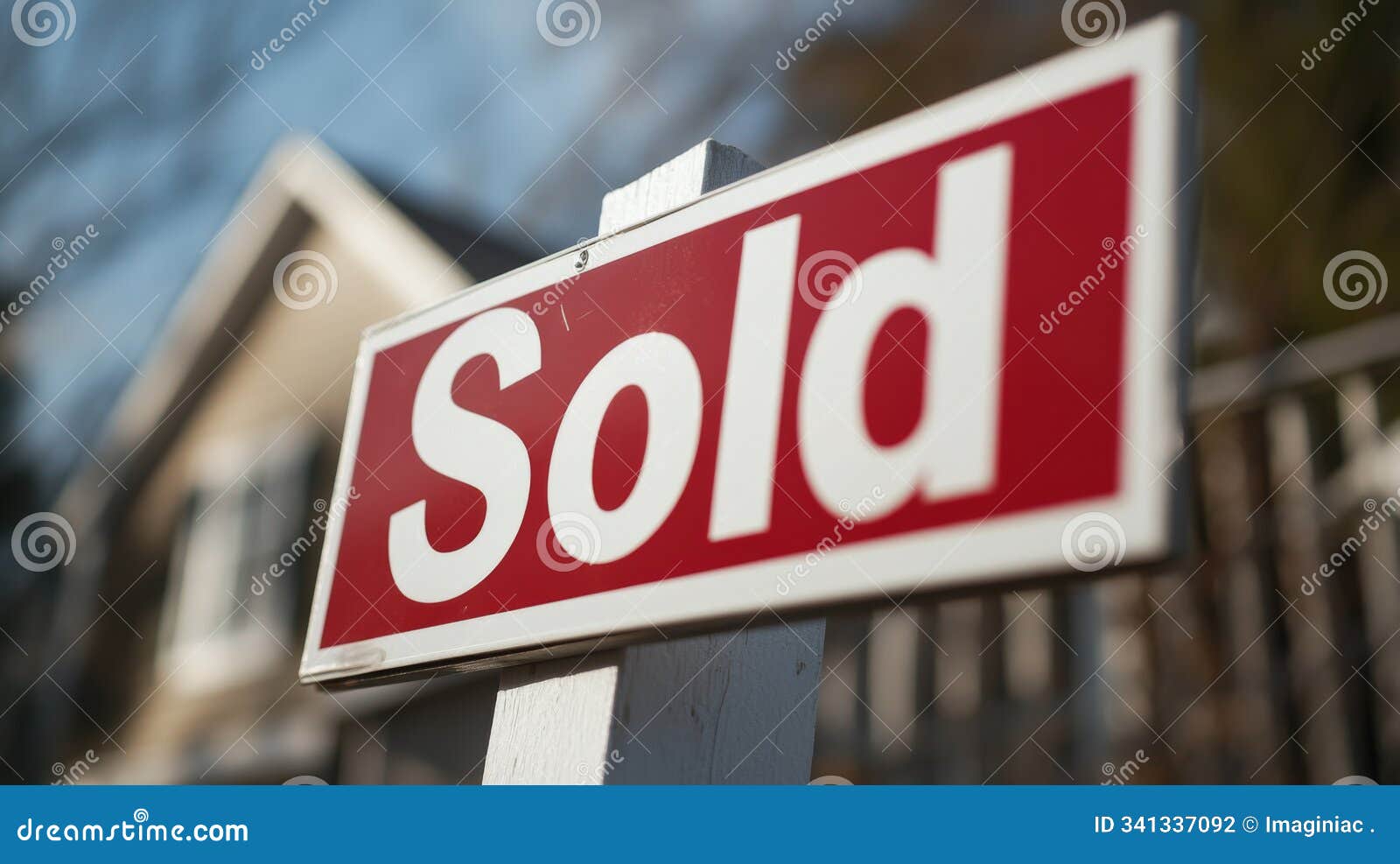 A Red and White "Sold" Sign in Front of a House Stock Illustration ...