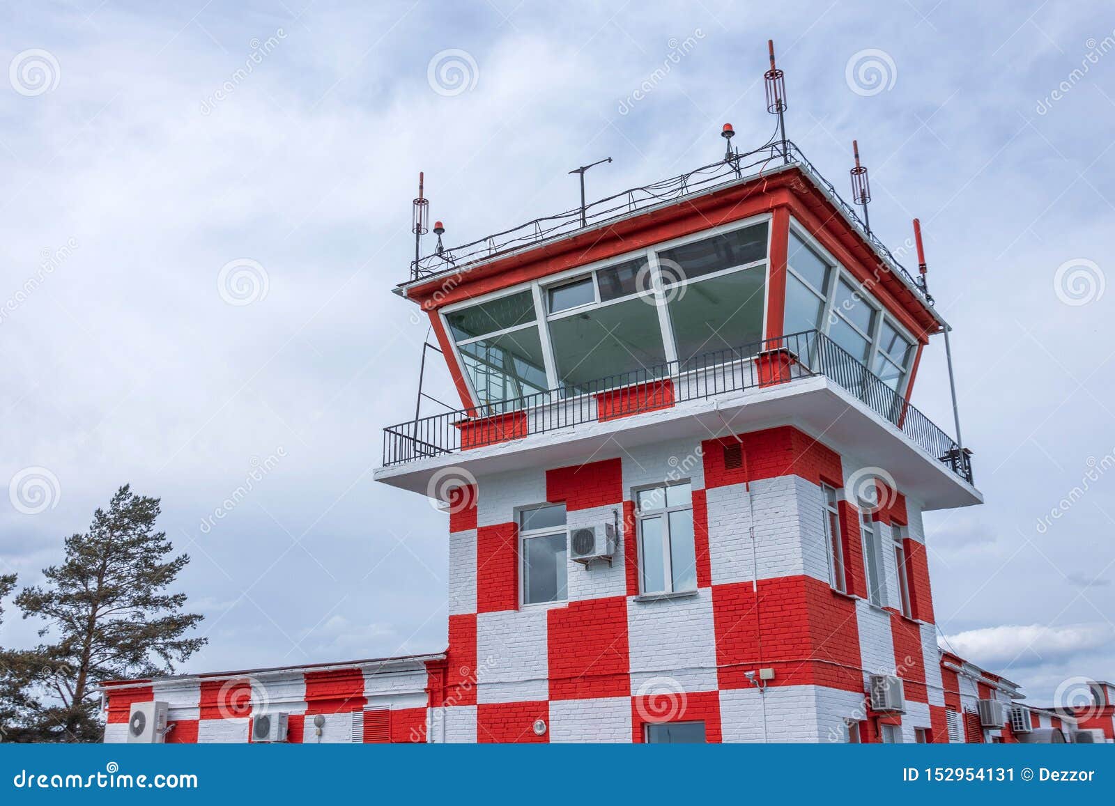 Red and White in the Square of the Control Tower at the Airport Runway ...