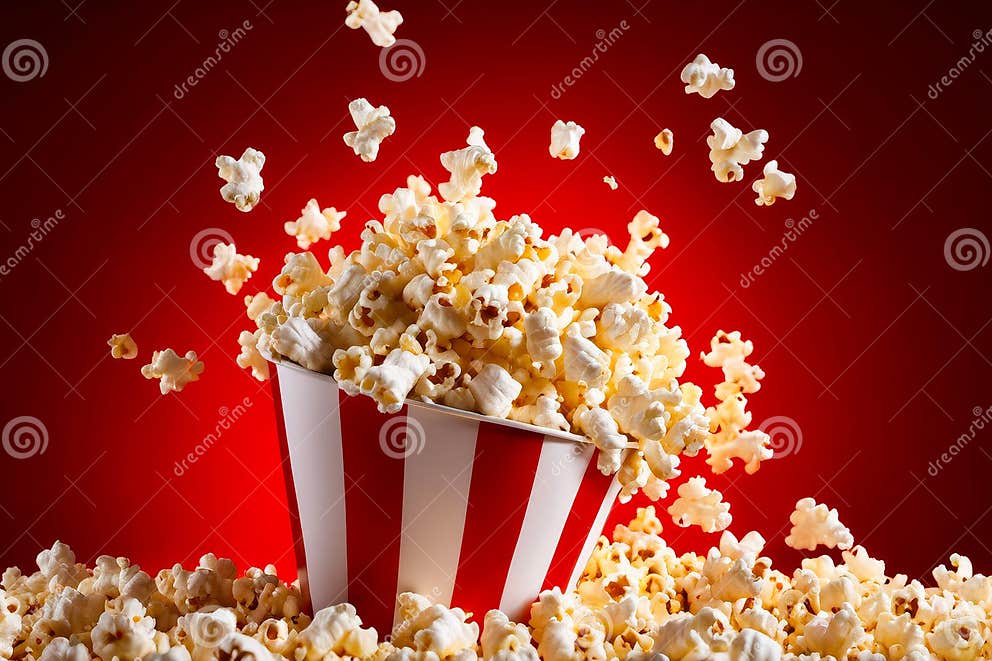 Red and White Striped Bucket is Filled with Popcorn that is Exploding ...