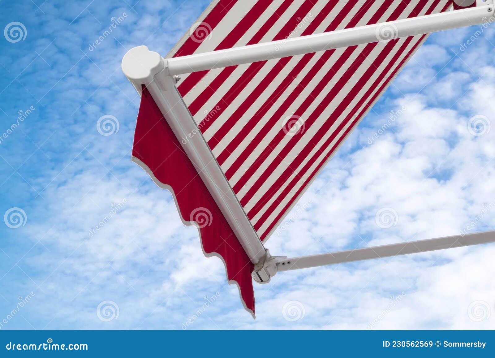 Red and White Striped Cafe Canopy Awning Against Blue Cloudy Sky Stock ...