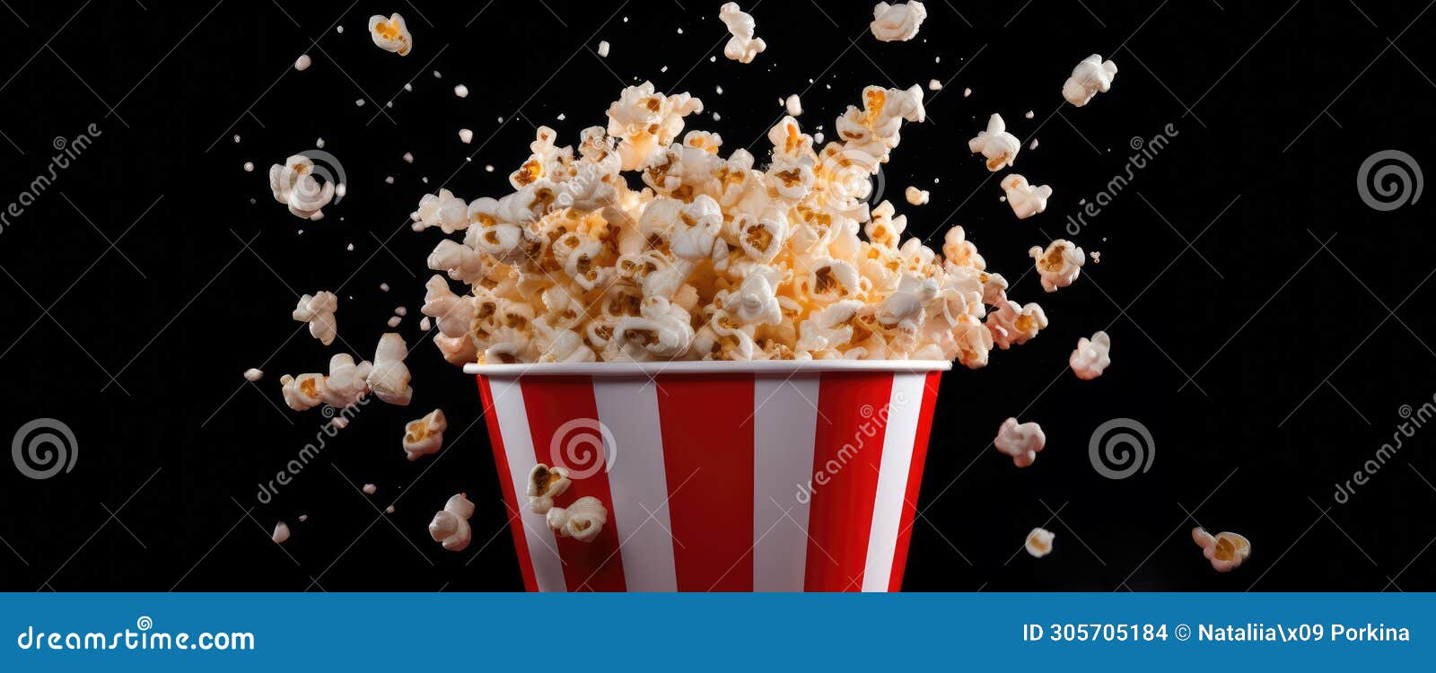 Red and White Striped Popcorn Bucket with Erupting Kernels on Black ...