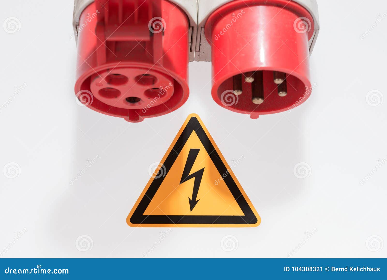 Red and White Three-phase Plug and Socket with Warning Sign Stock Image ...
