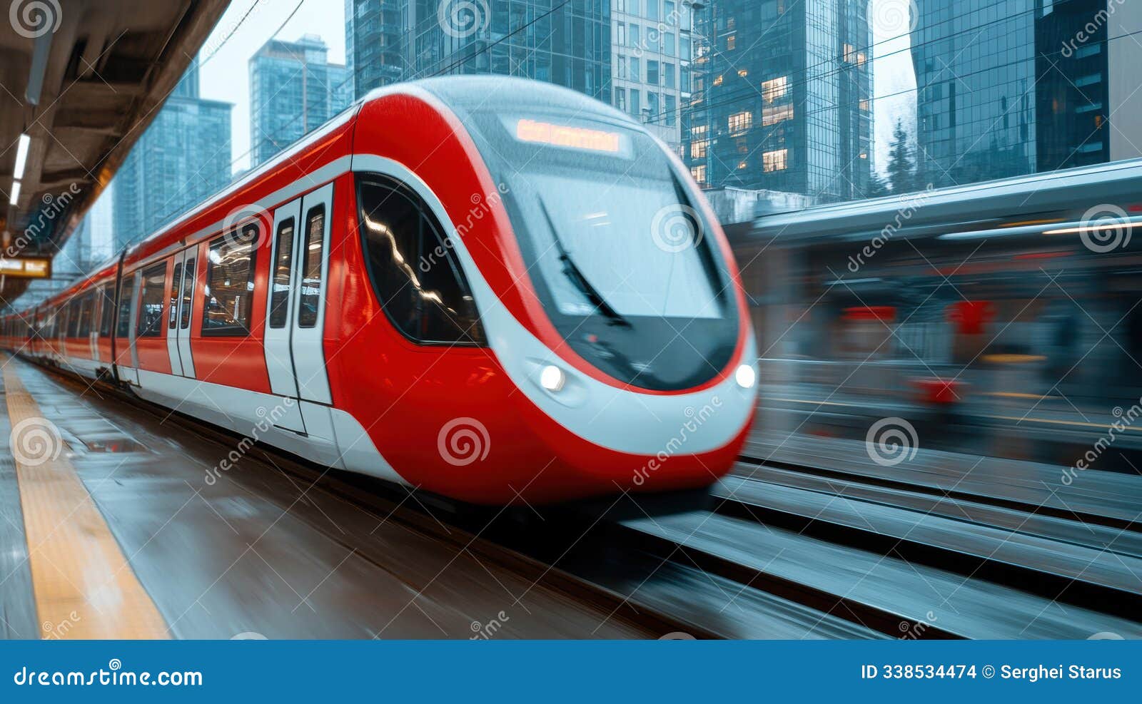 A Red and White Train on Tracks in a City with Buildings, AI Stock ...