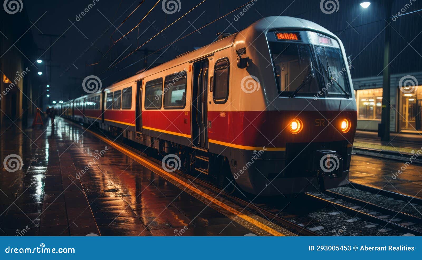 A Red and White Train on the Tracks at Night Stock Illustration ...