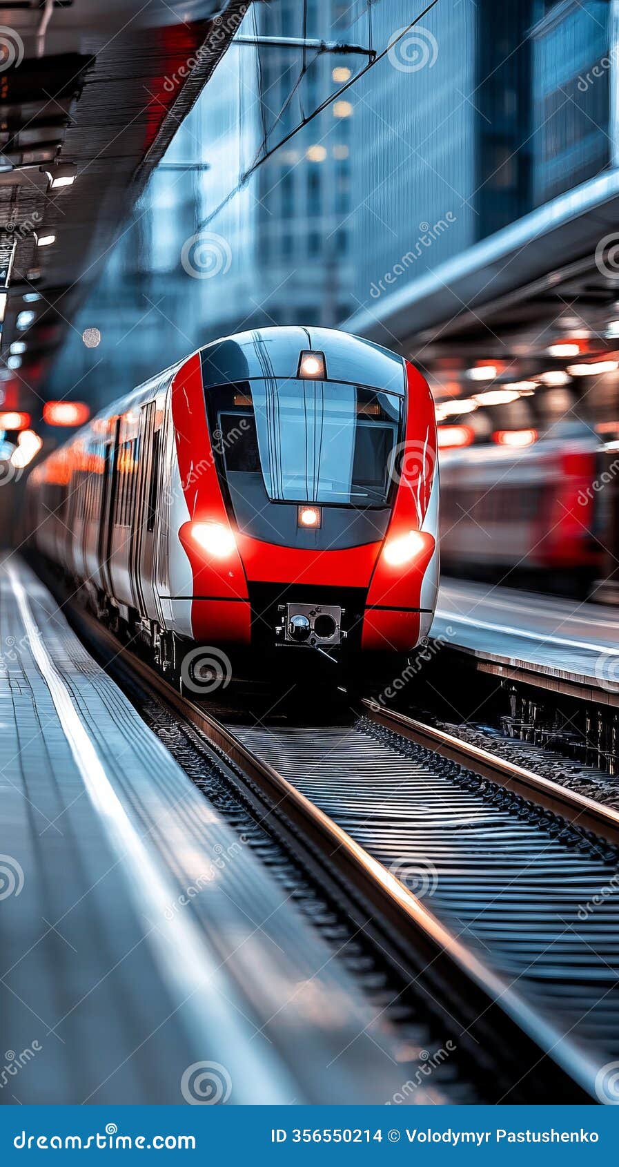 A Red and White Train Traveling through a Train Station Stock Photo ...