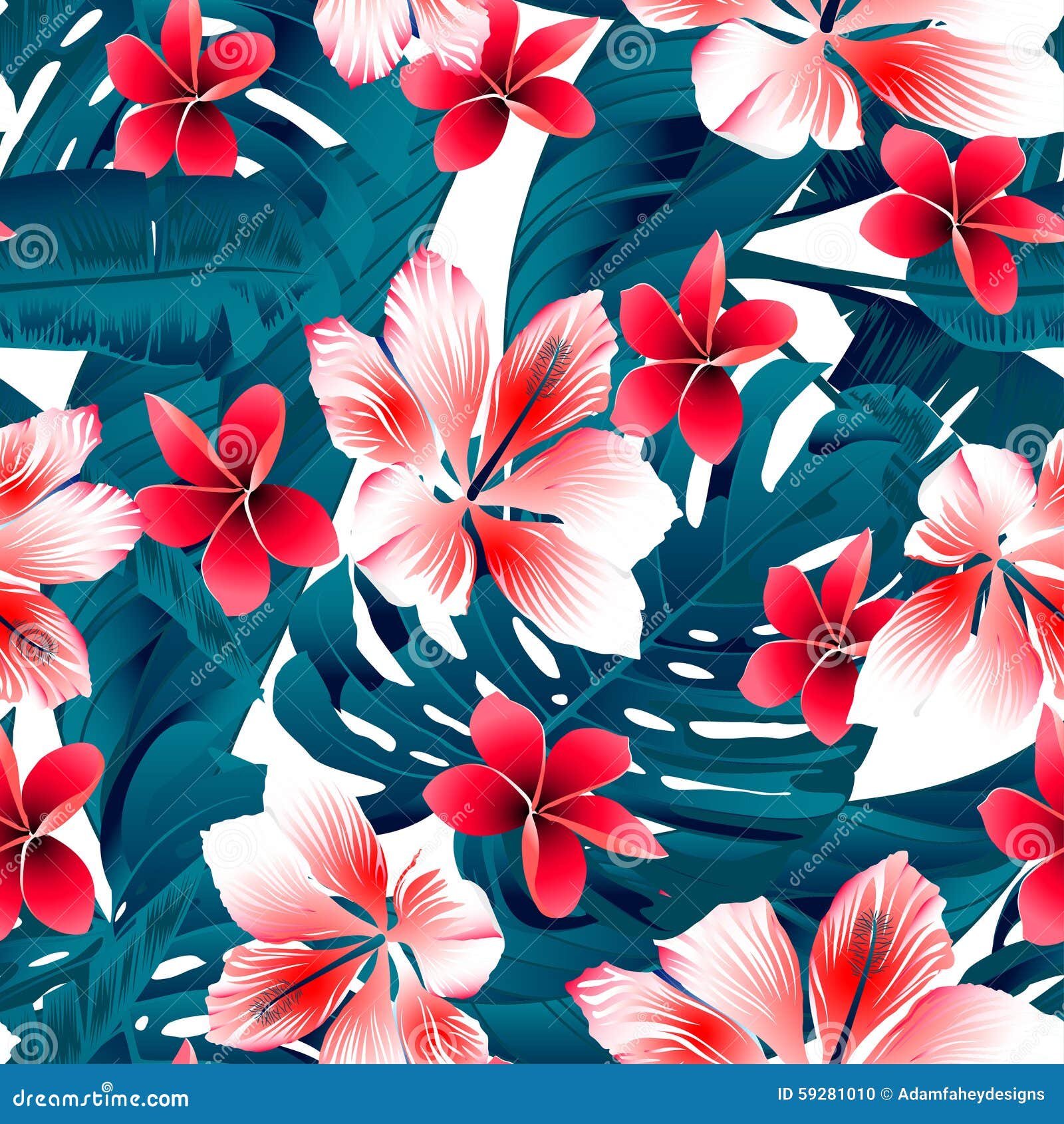 Red and White Tropical Hibiscus Flowers Seamless Pattern Stock Vector ...
