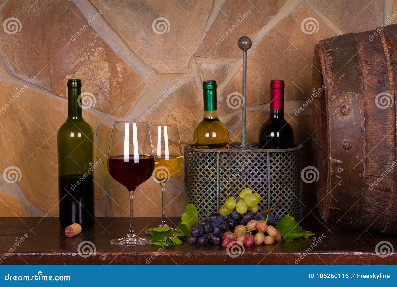Red and White Wine beside Old Cask in Wine Cellar. Stock Photo - Image ...