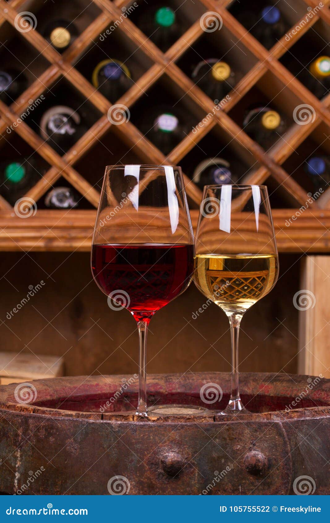 Red and White Wine on Old Cask in Wine Cellar. Wine and Food Concept ...