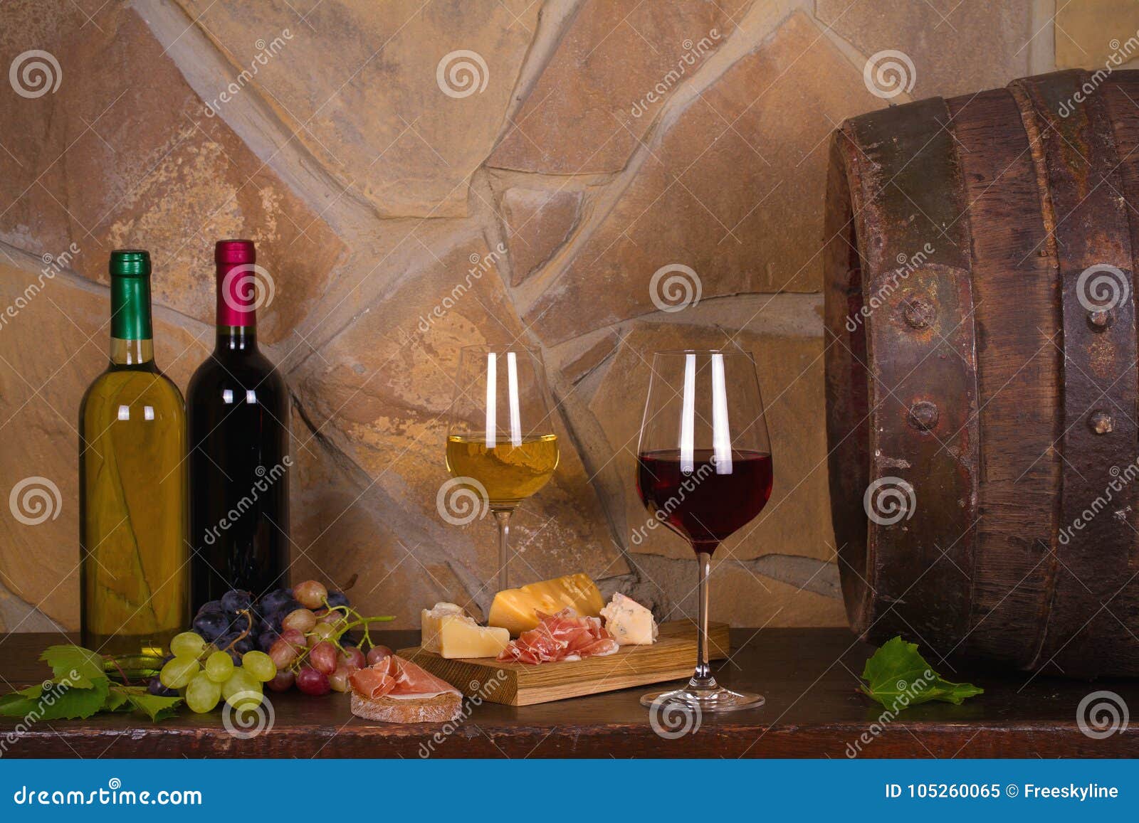 Red and White Wine beside Old Cask in Wine Cellar. Stock Image - Image ...