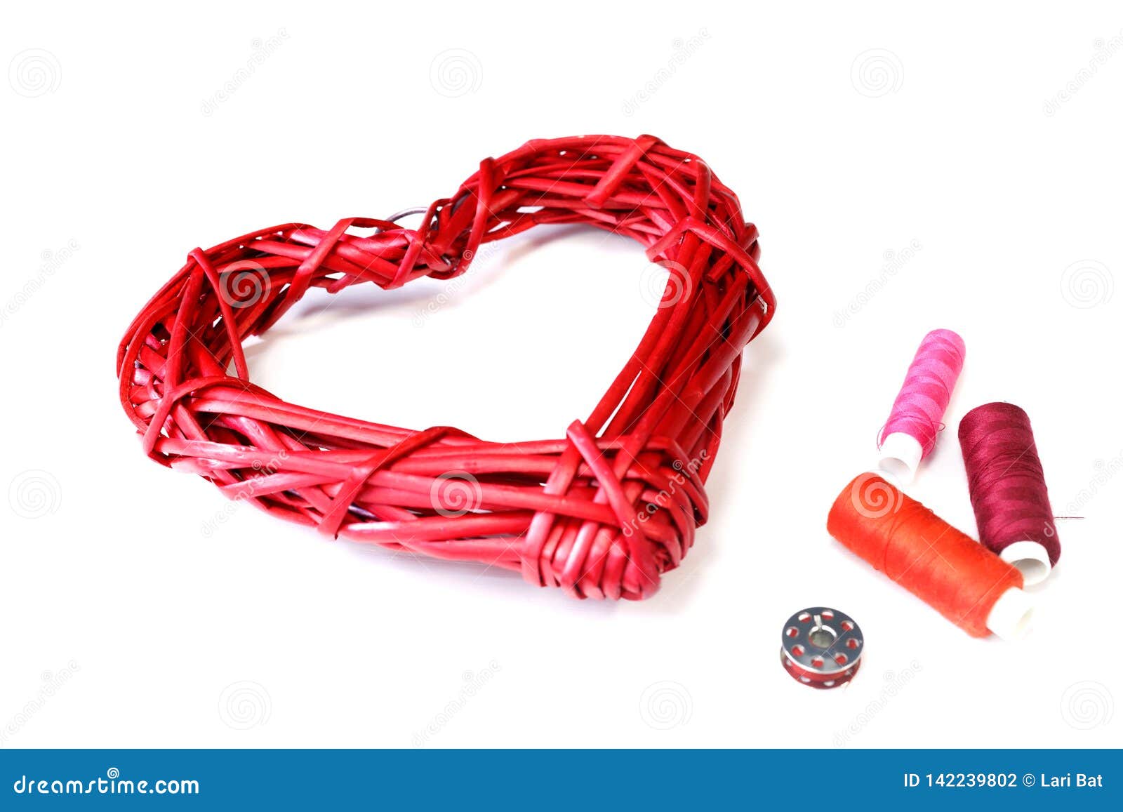 Red Wicker Heart and Spools of Thread. Stock Photo - Image of ...