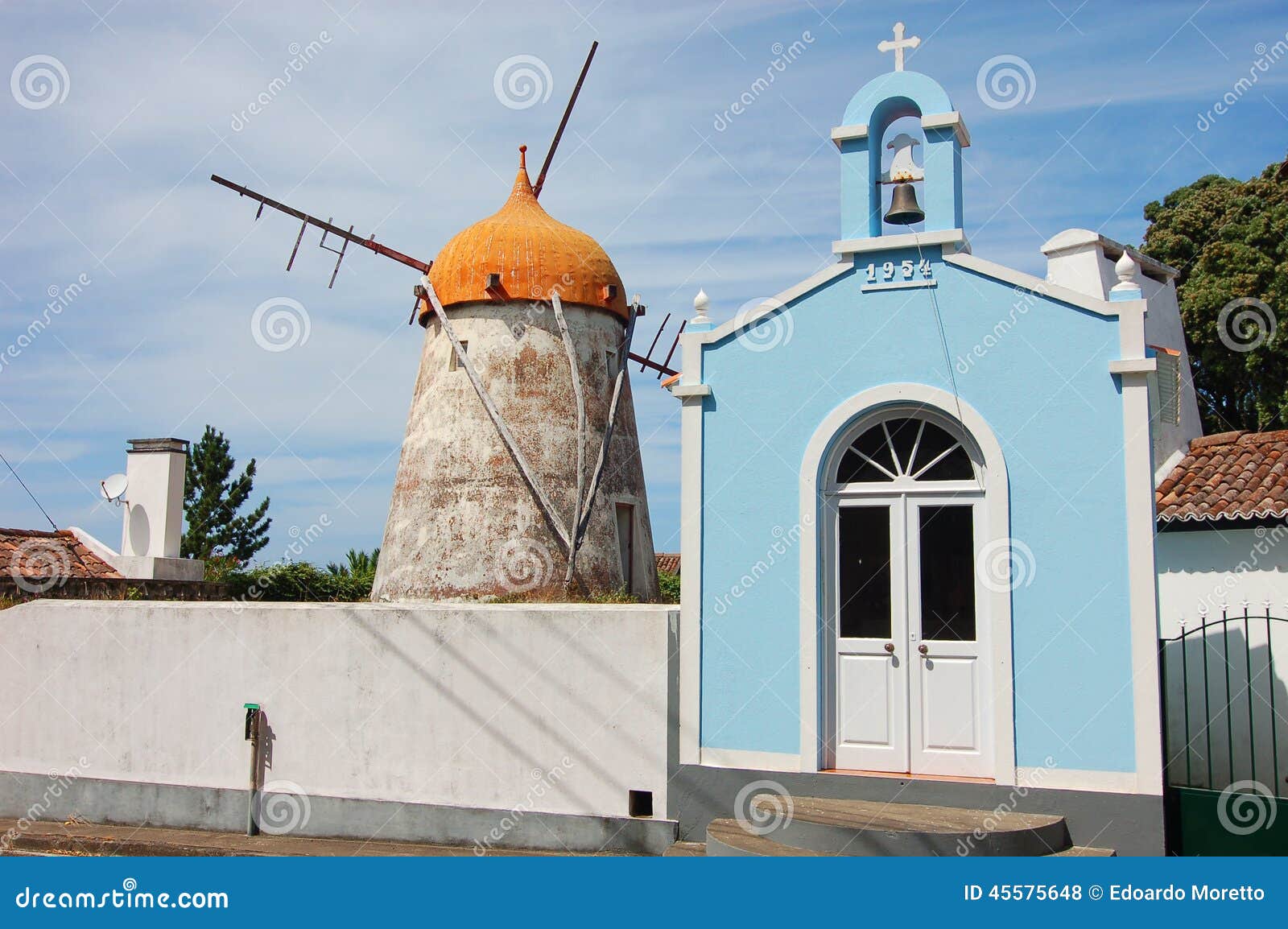 Red Windmill and Church in Azores Stock Photo - Image of outdoors ...