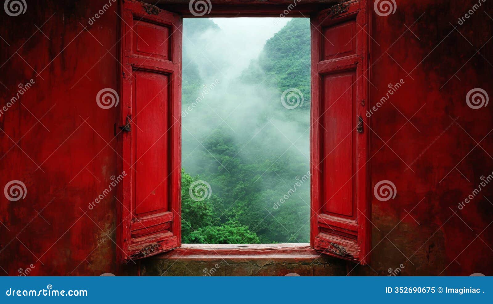 Red Window Opens To Misty Green Mountains Stock Illustration ...
