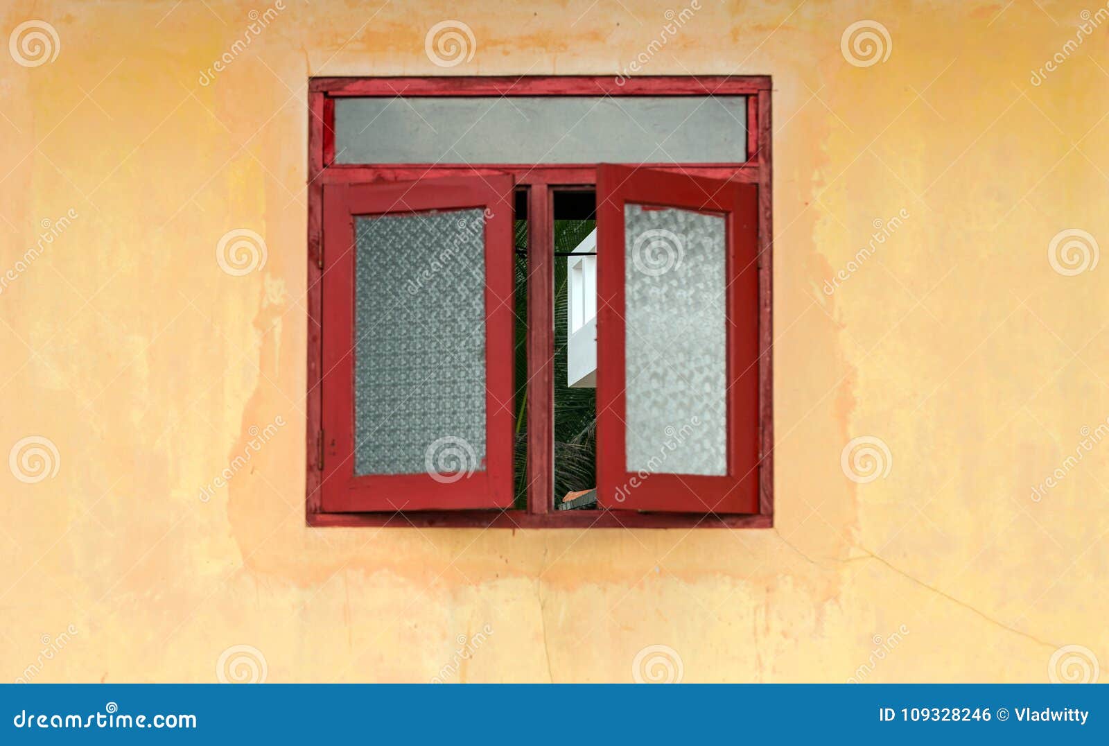 Red Window with Shutters in Yellow House Stock Photo - Image of ancient ...
