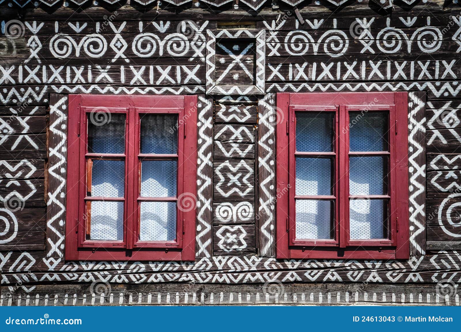 Red Windows on Wooden Wall of Traditional Cottage Stock Image - Image ...
