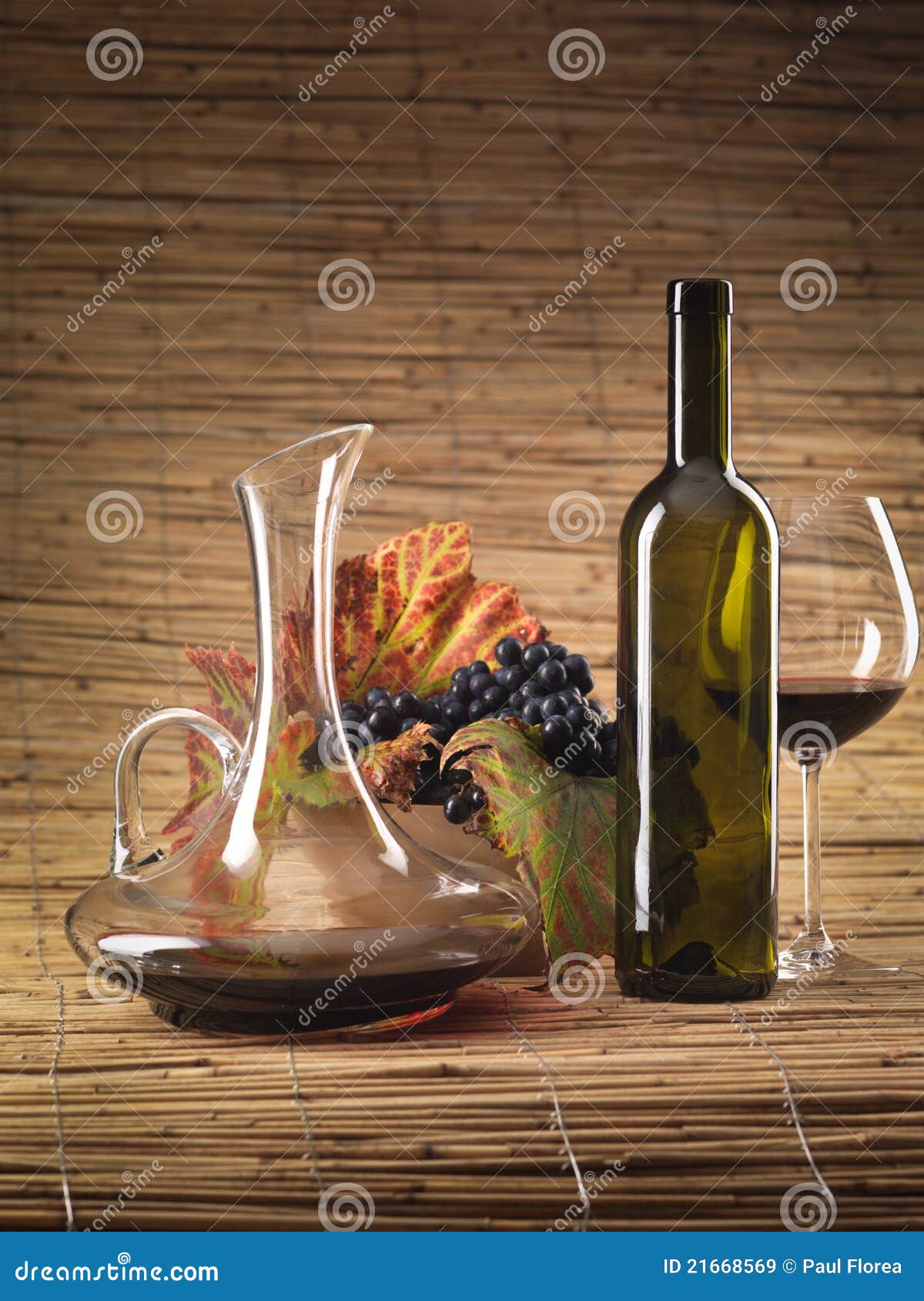 Red Wine Bottle, Glass, Grapes, Decanter Rustic Stock Image - Image of ...