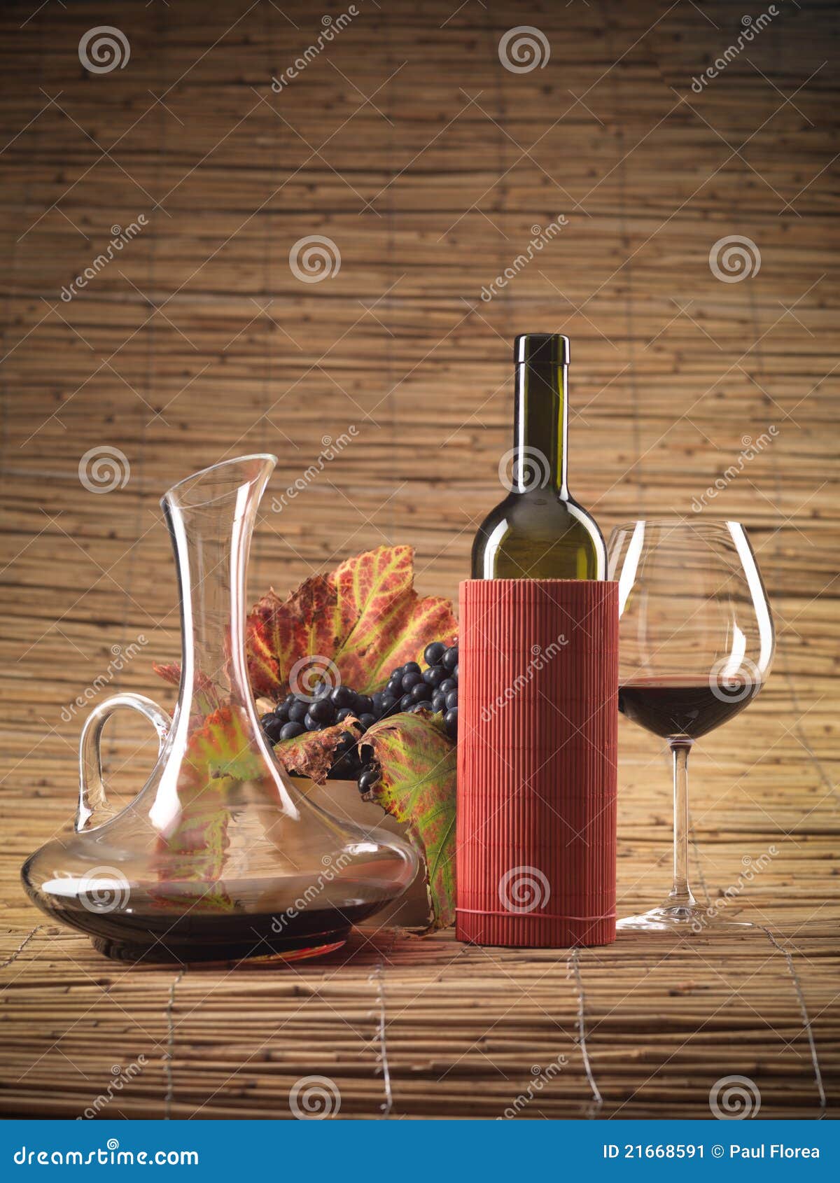 Red Wine Bottle, Glass, Grapes, Decanter Rustic Stock Image - Image of ...