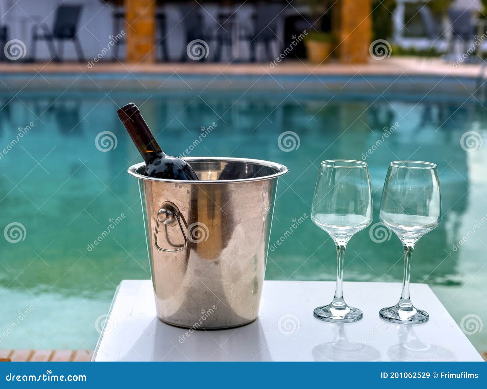 Red Wine Bottle and Glasses by the Hotel Pool Stock Image - Image of ...