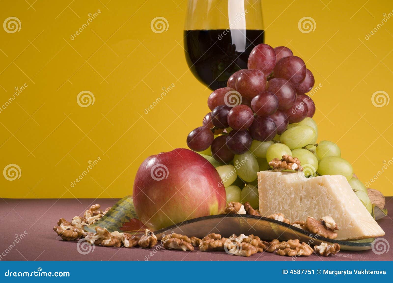 Red Wine with Grape, Apple and Cheese on a Plate. Stock Image - Image ...