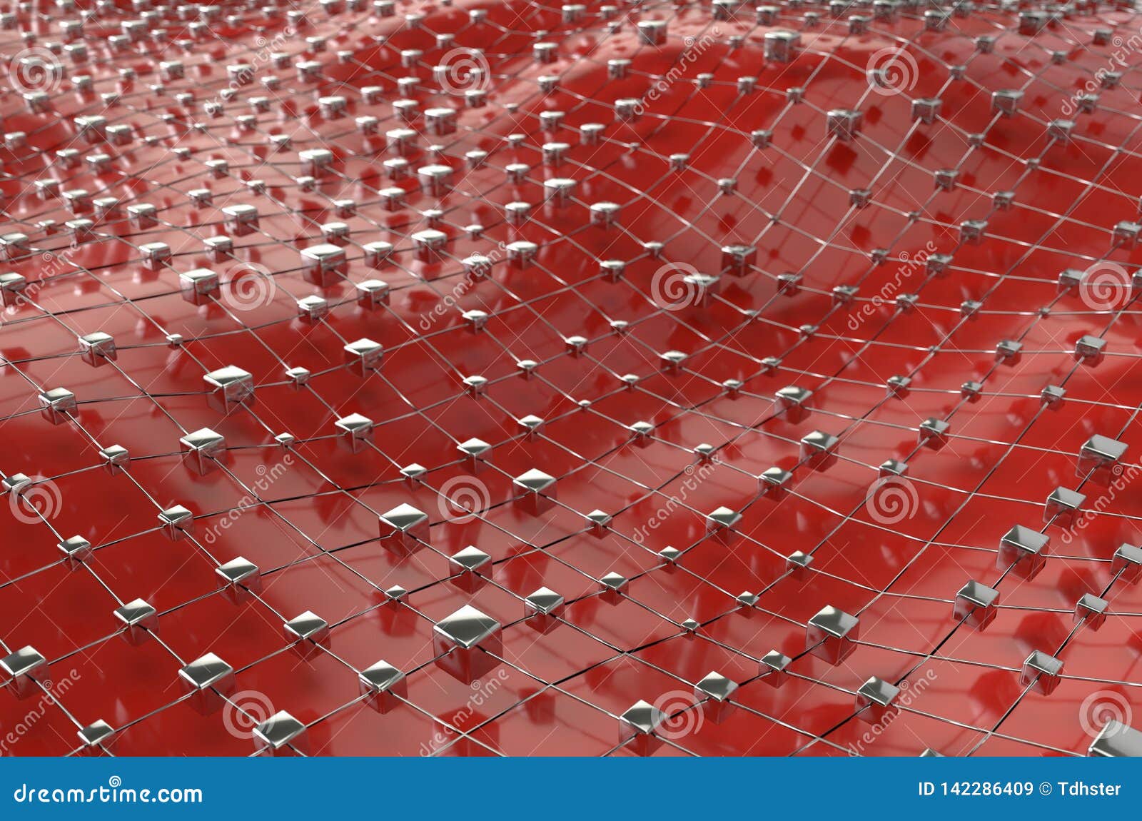 Red Wireframe Metallic Cubes Mesh with Ball Wave Landscape Abstract ...