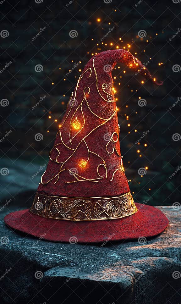A Red Wizard Hat, with Golden Patterns, Placed on a Stone Surface Stock ...
