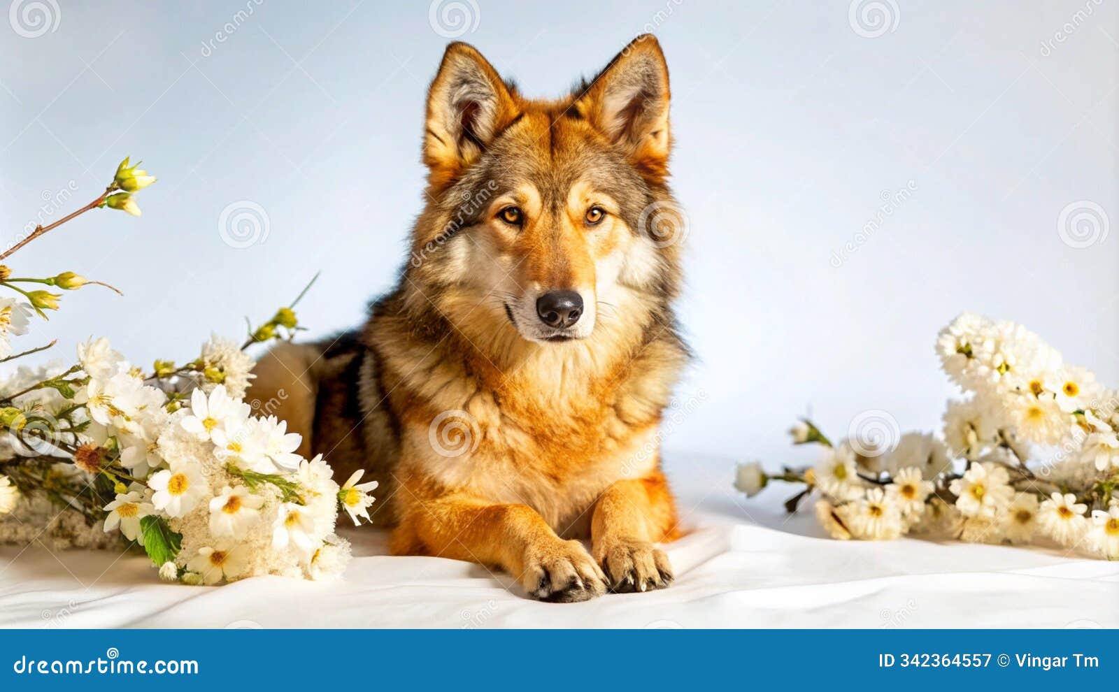 A Red Wolf Lays On A White Backdrop With White Flowers On Either Side ...