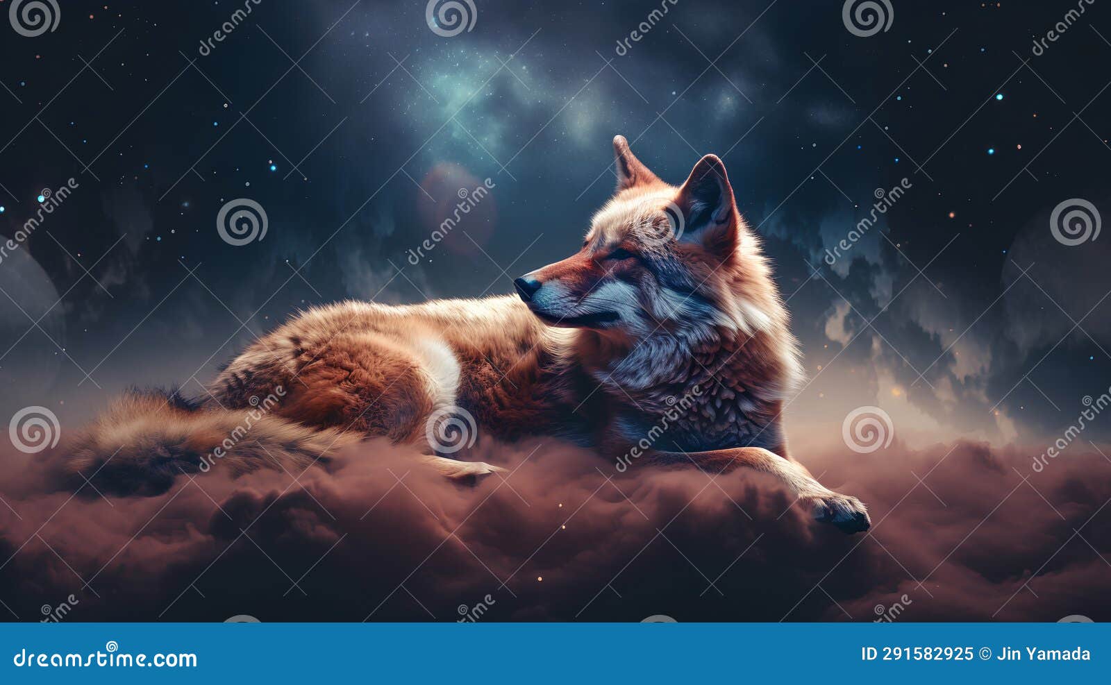 Red Wolf in the Night Sky with Stars and Clouds. 3d Rendering Stock ...