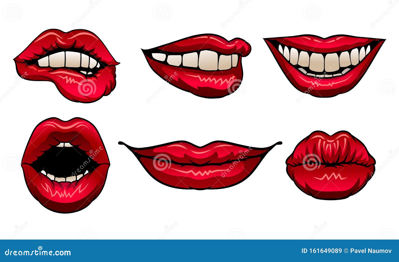 Red Woman Lips Showing Different Emotions Vector Illustrated Set Stock