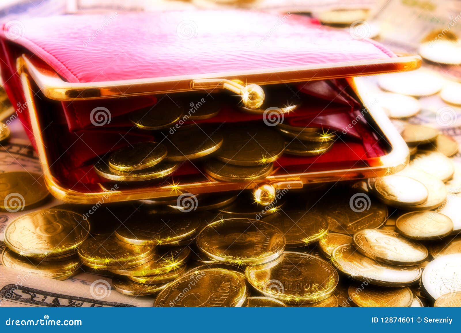 Red woman wallet and coins stock image. Image of open - 12874601