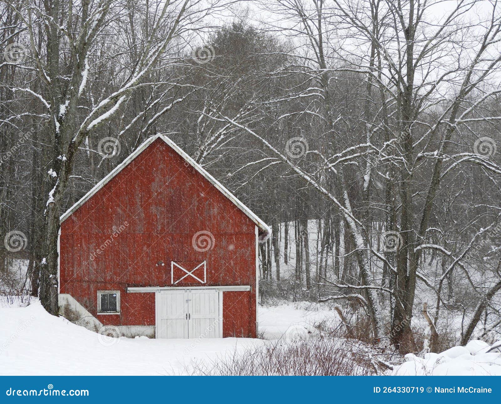 Red Wood Barn in a Winter Snow Woods Landscape Stock Image - Image of ...