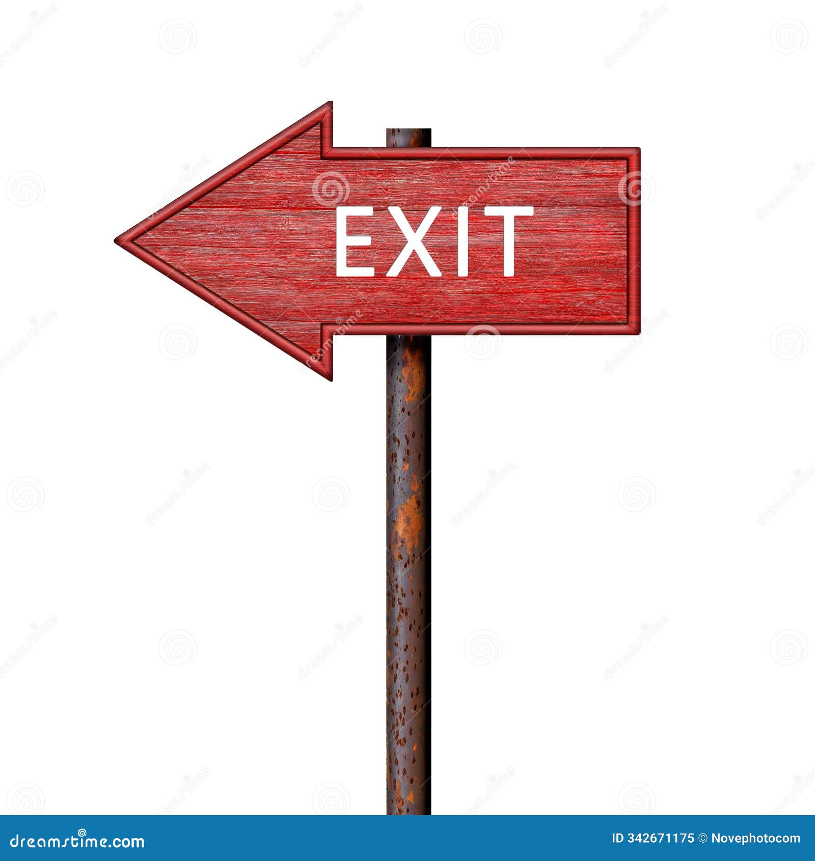 Red Wooden Arrow Sign with Exit Sign on Rusty Pole. Left Direction ...