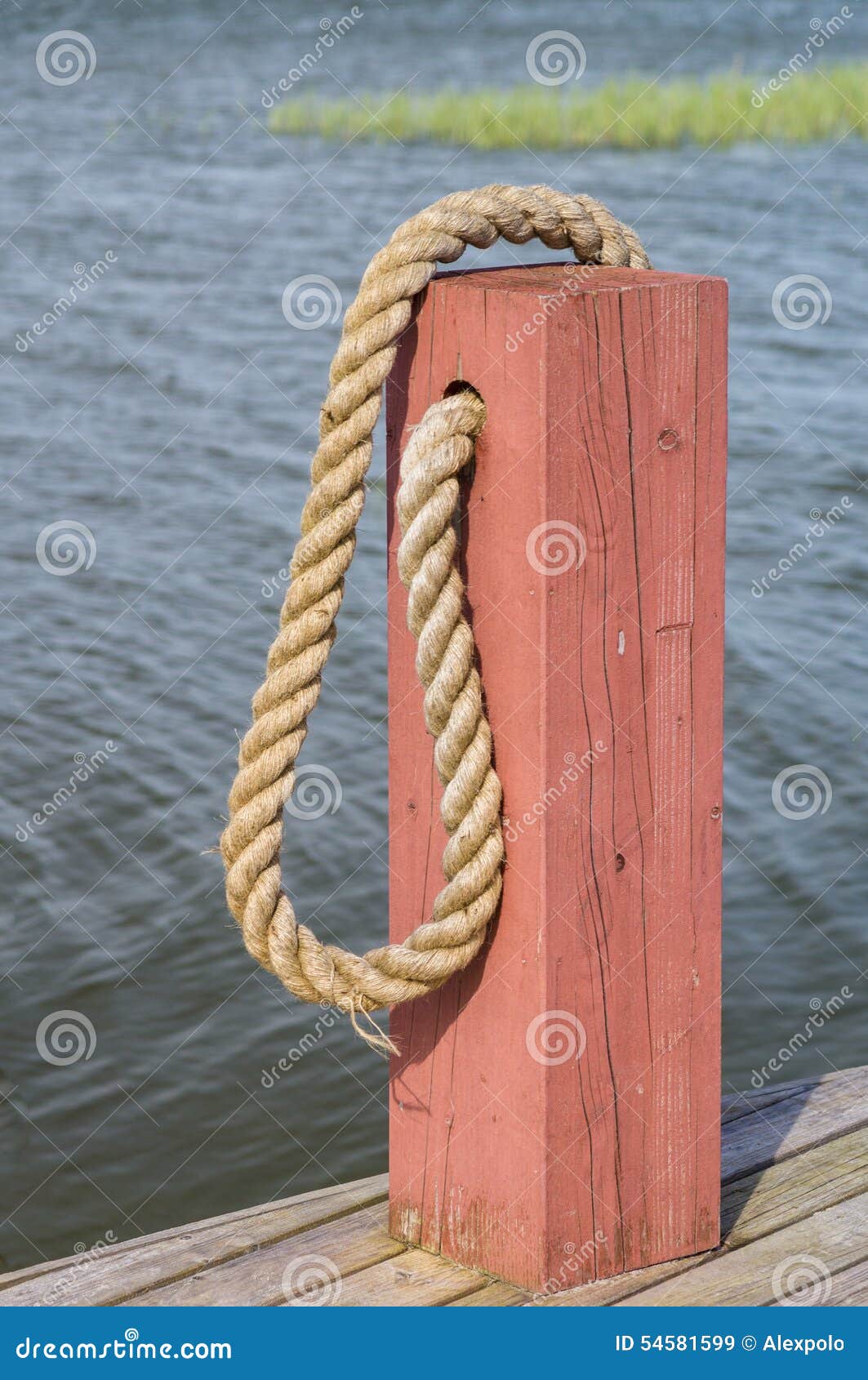 Red Wooden Boat Bollard and Rope Stock Image - Image of blue, frame ...