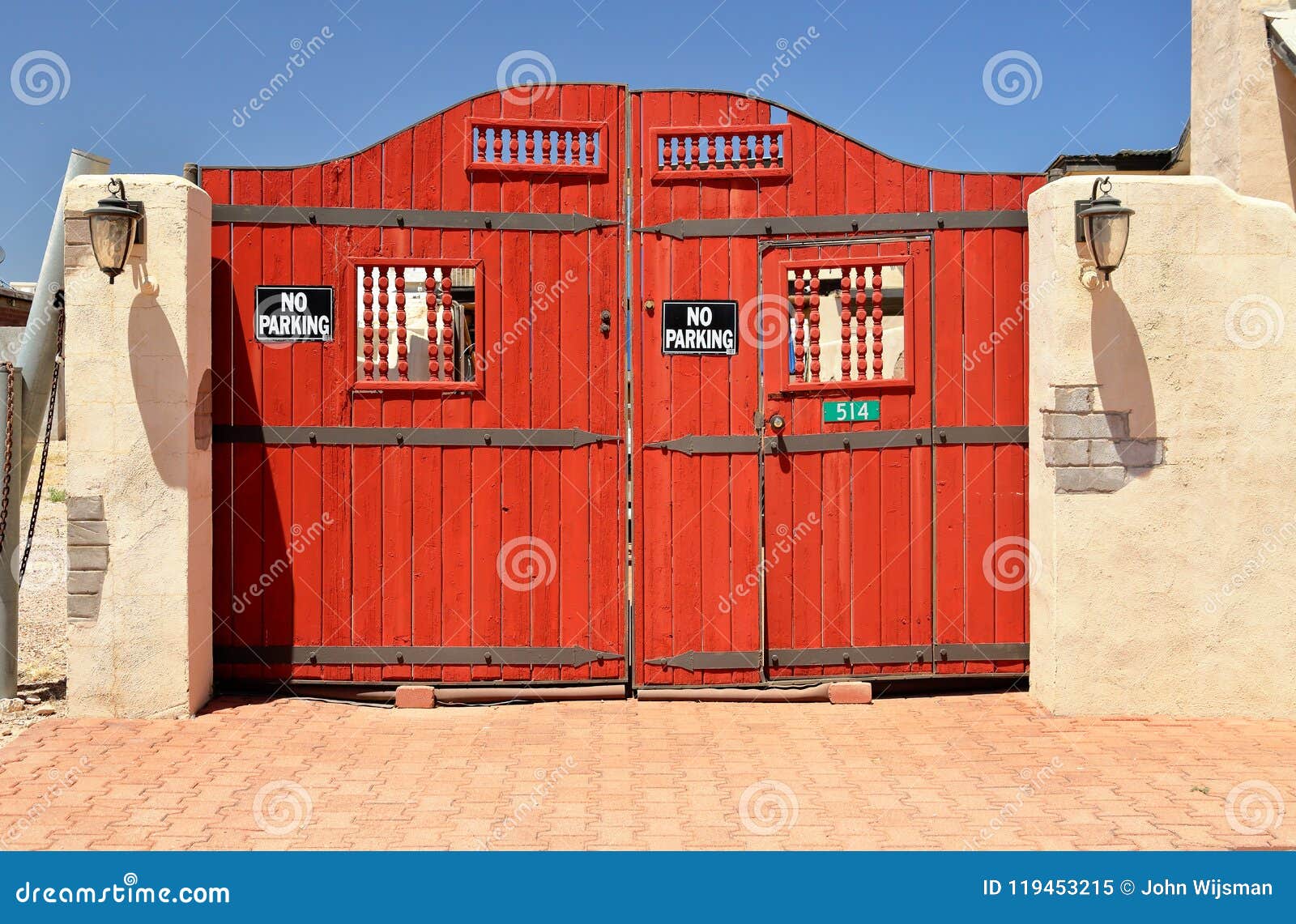 Red Wooden Gate in an Adobe Wall Stock Image - Image of classical ...