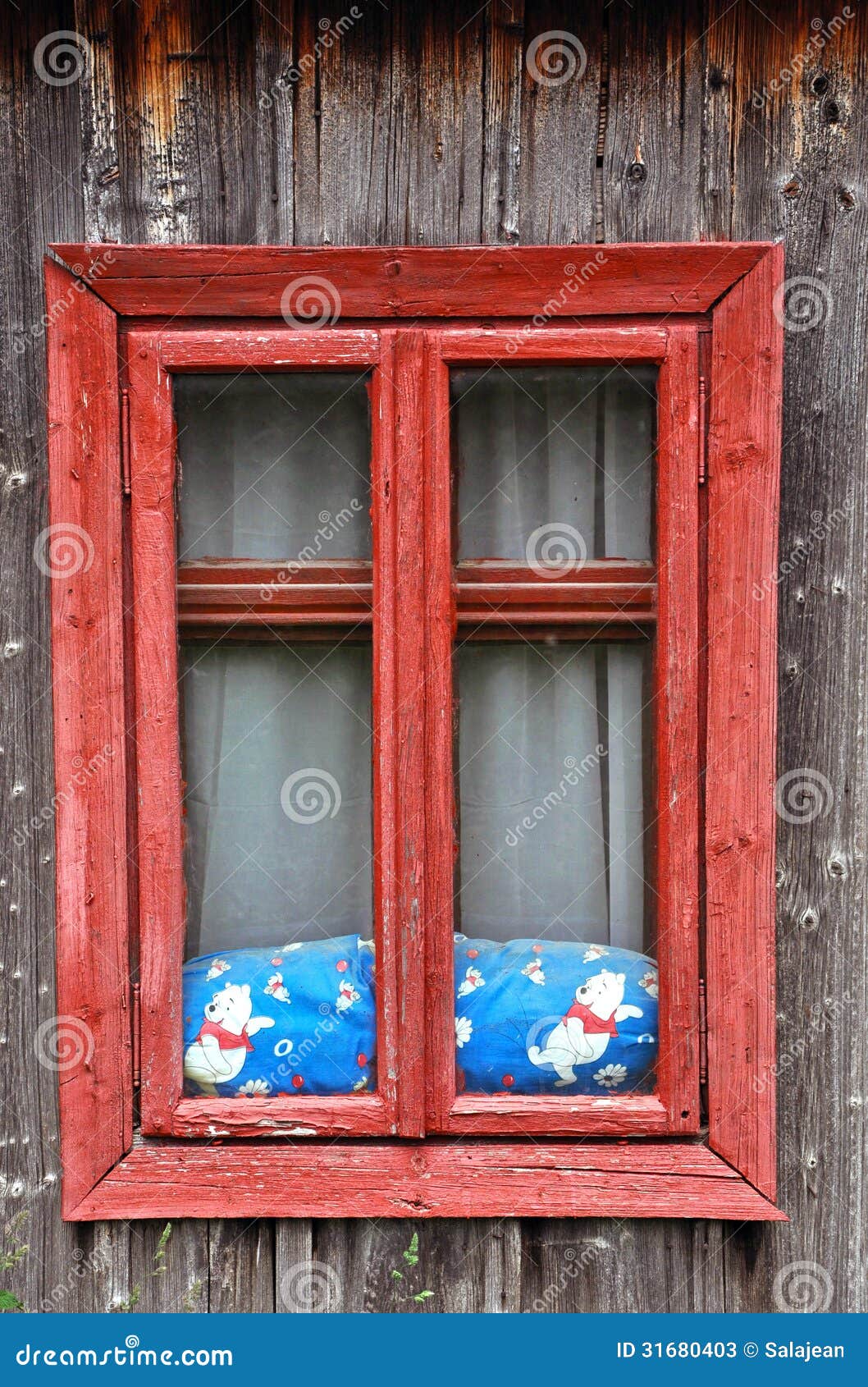 Red Wooden Window on a Rustic House Stock Image - Image of cute ...