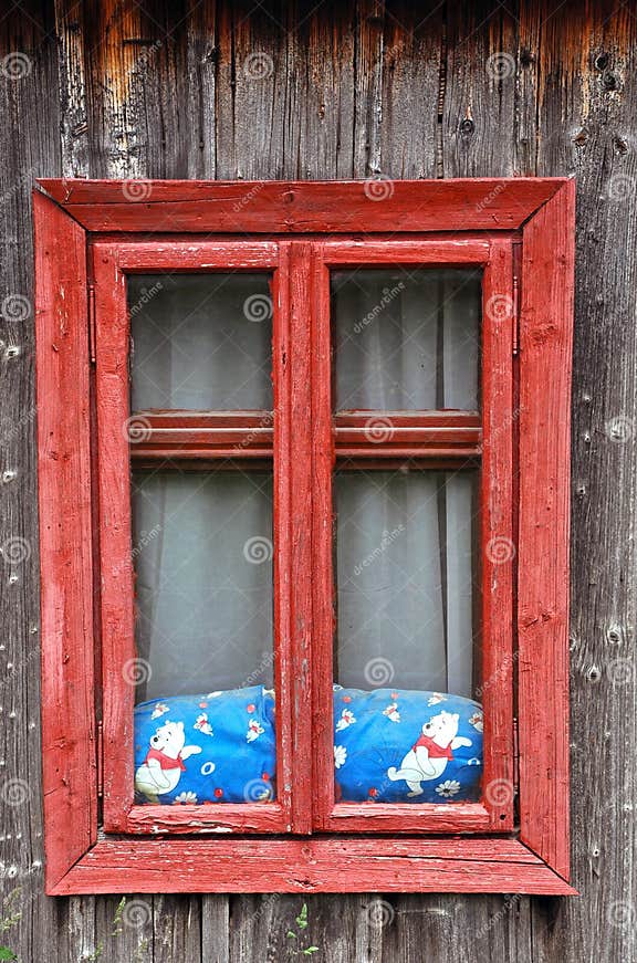 Red Wooden Window on a Rustic House Stock Image - Image of cute ...