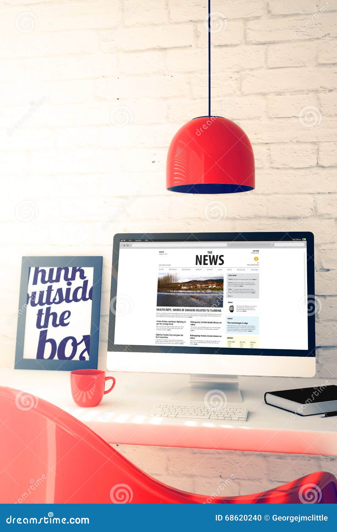Red Workspace with Computer Showing News Website Stock Illustration ...
