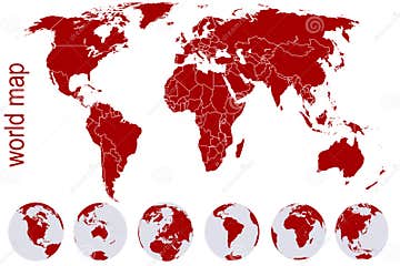 Red World Map with Earth Globes Stock Vector - Illustration of ...