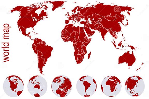 Red World Map with Earth Globes Stock Vector - Illustration of ...