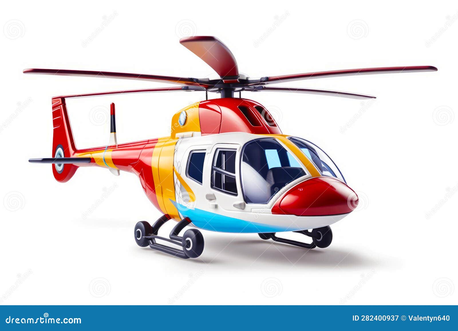 Red, Yellow, and Blue Helicopter is on White Surface with White ...