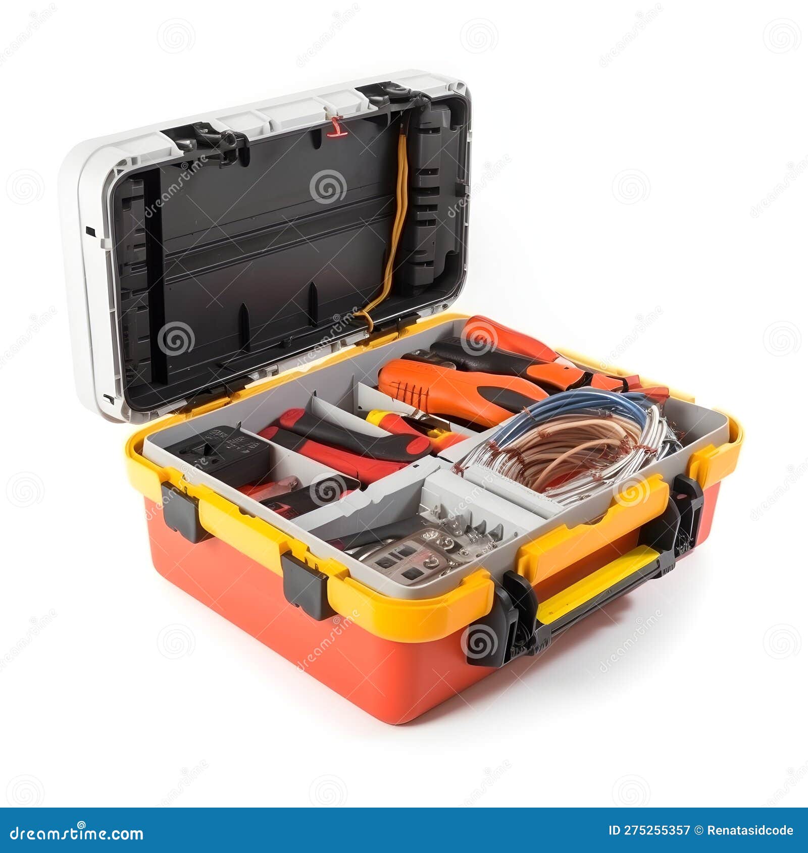 Red and Yellow Eletrician Toolbox with Cables and Orange Tools on a ...