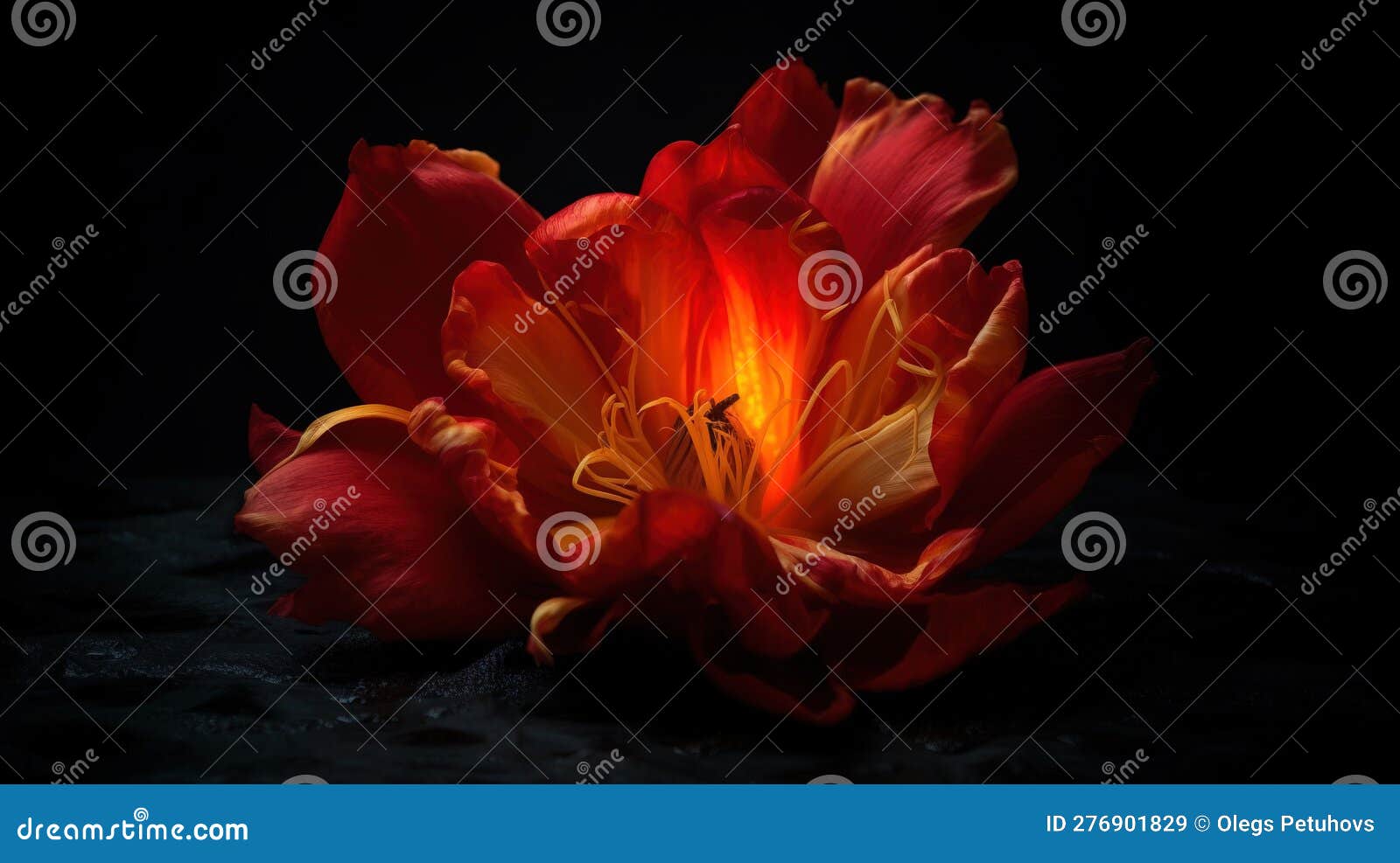 A Red and Yellow Flower on a Black Background in the Dark Stock ...