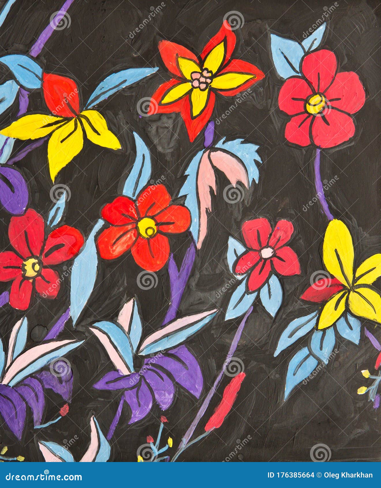 Red and Yellow Flowers on a Black Background. Stock Photo - Image of ...