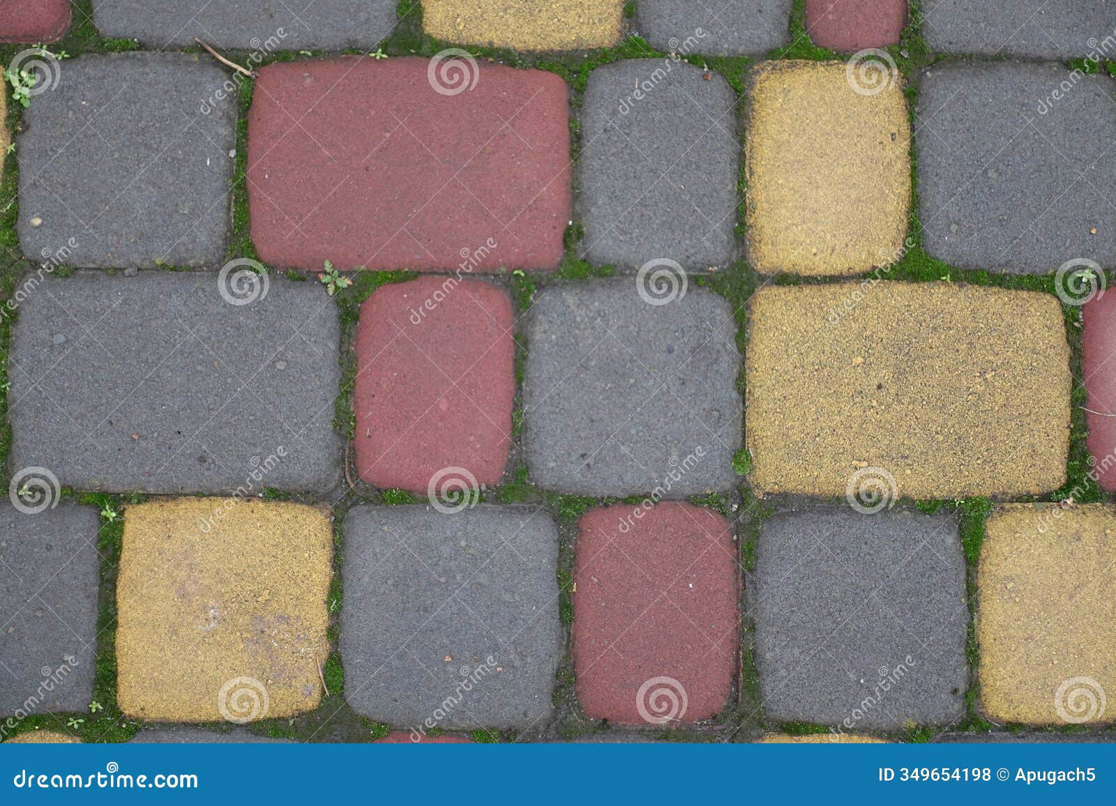 Red, Yellow and Grey Wet Concrete Pavement with Moss in Joints Texture ...