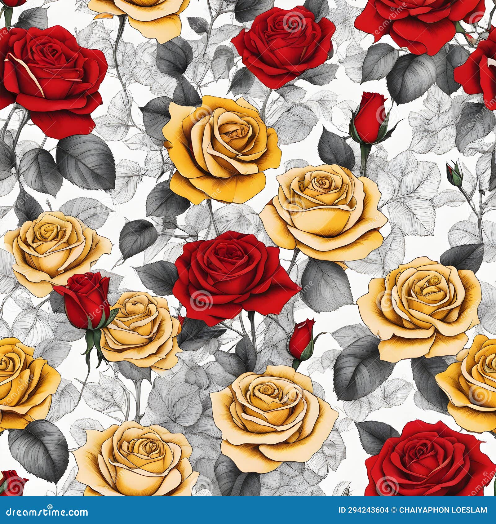 Red and Yellow Rose Pattern on White Background Stock Illustration ...