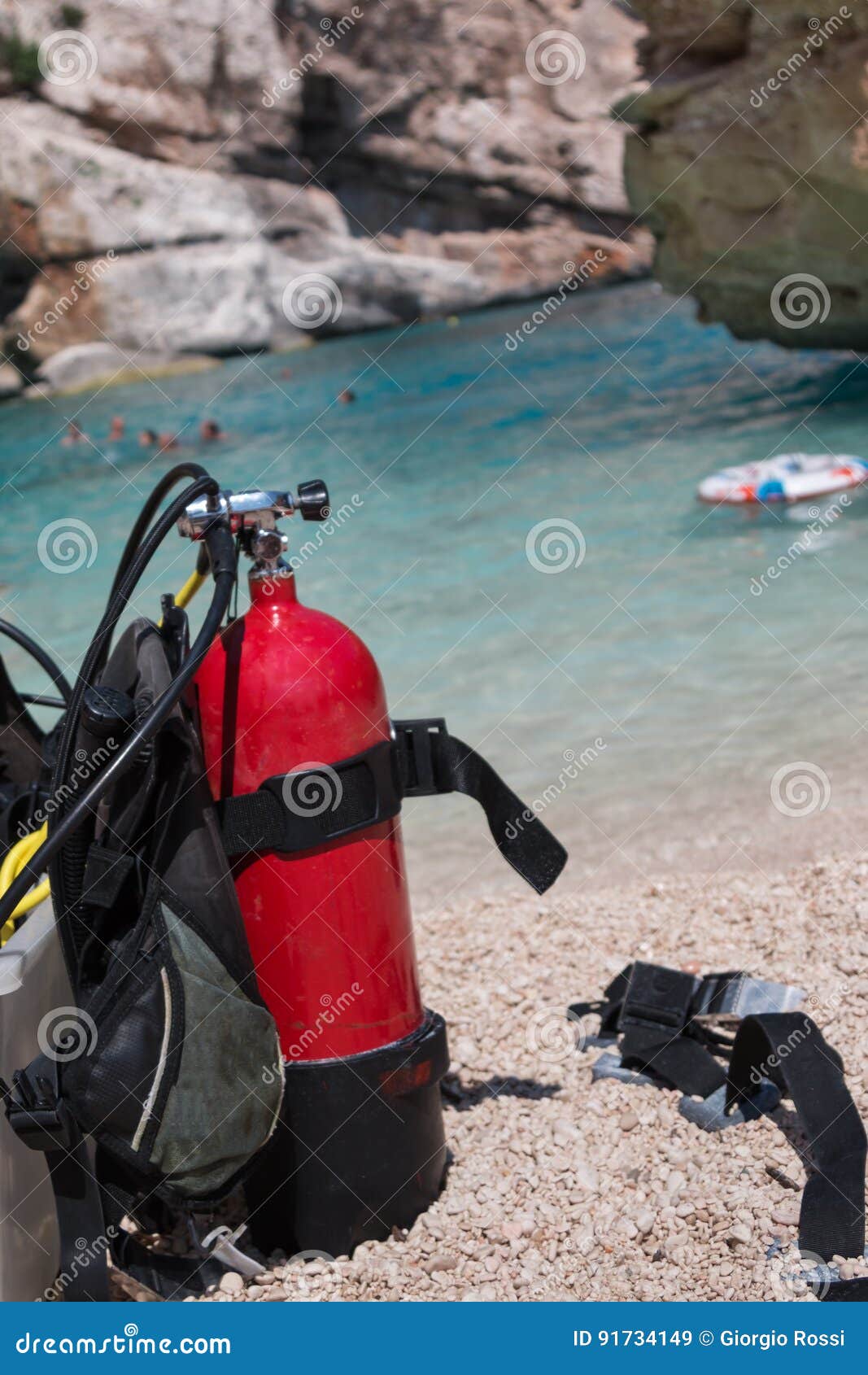 Red and Yellow Scuba Oxygen Tanks for Divers on a Beach Stock Image ...