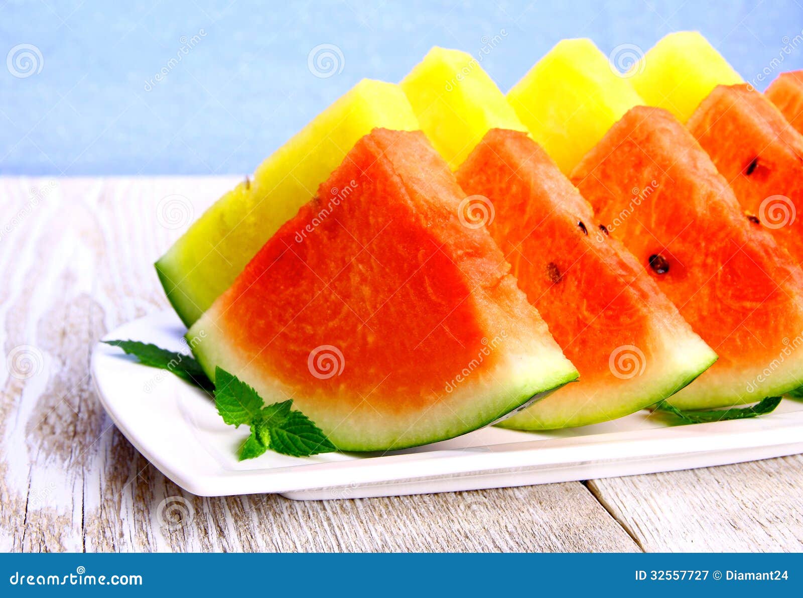 Red and Yellow Watermelon, Mint on White Plate Stock Image - Image of ...