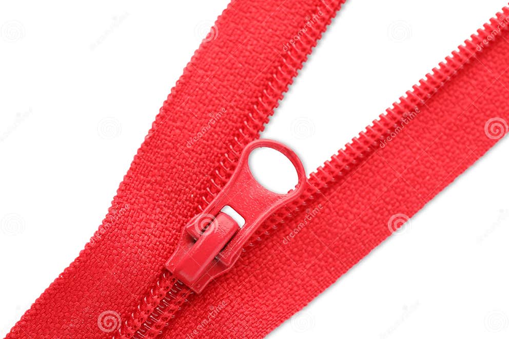 Red Zipper on White Background, Top View Stock Image - Image of ...