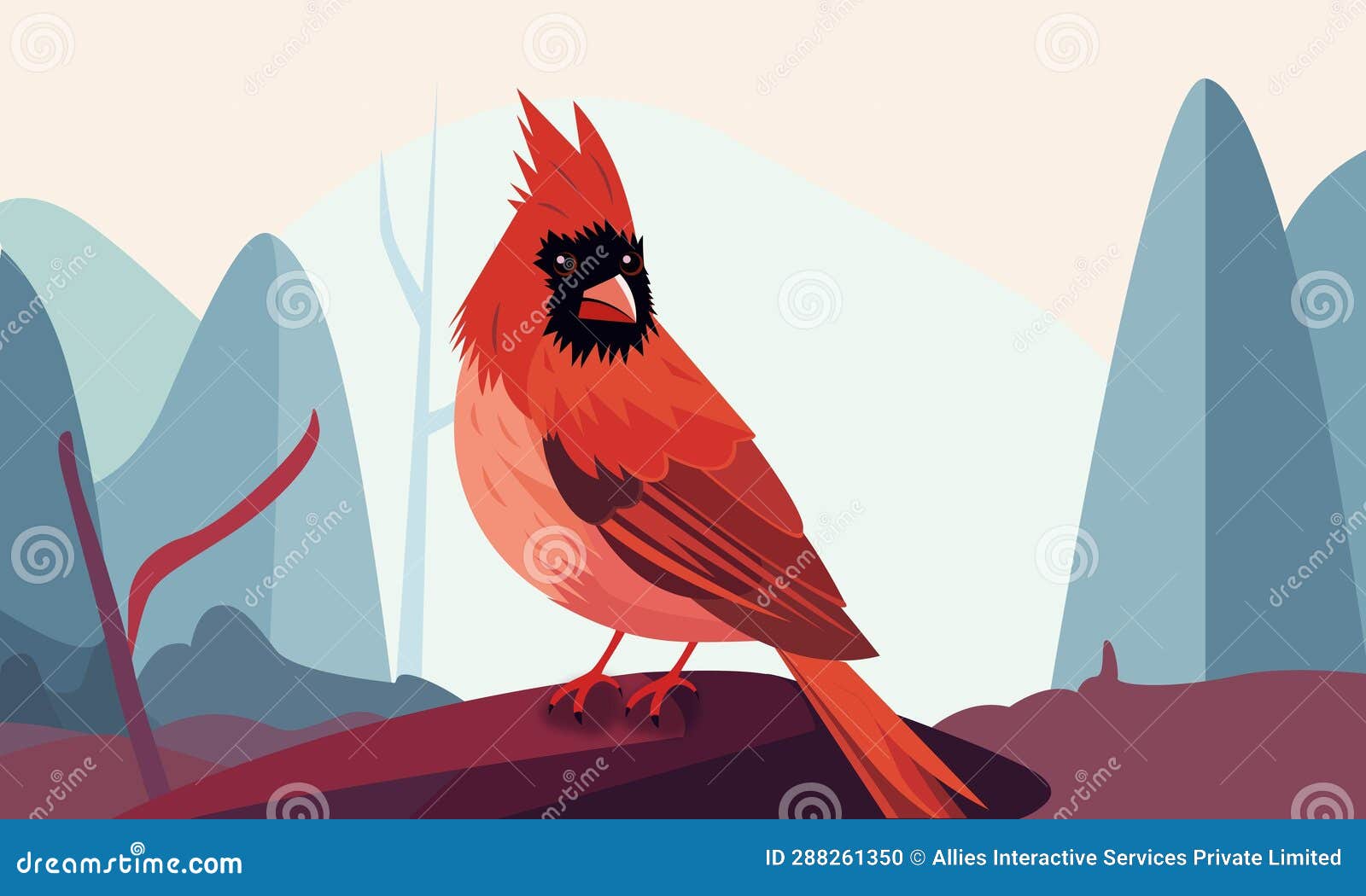 A Redbird Character Sit on Mountain with Leave less Tree. Vector Stock ...